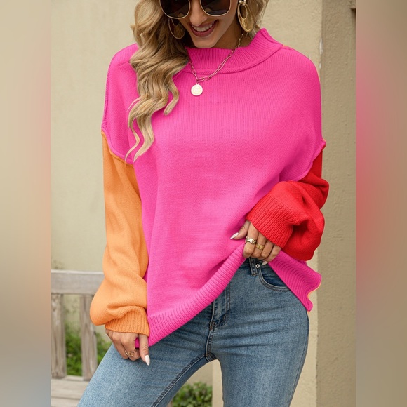 Boutique | Sweaters | Hot Pink Color Block Dropped Shoulder Sweater ...